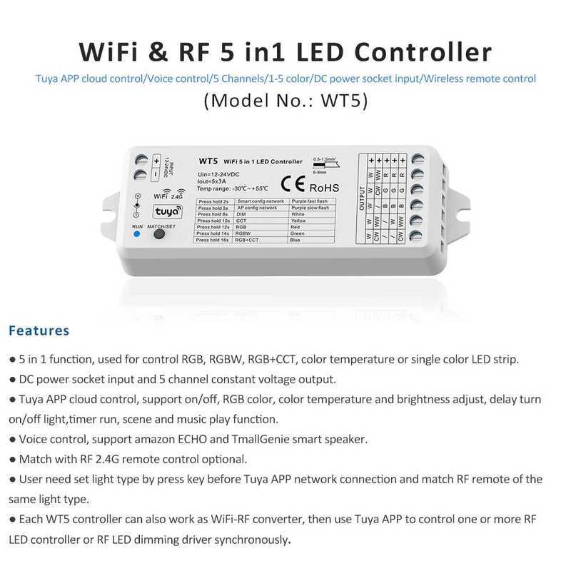 Wt5 Tuya Smart RGBCCT Controller 12V 24V DC 5 In 1 Dimmer RGB CCT RGBW ...