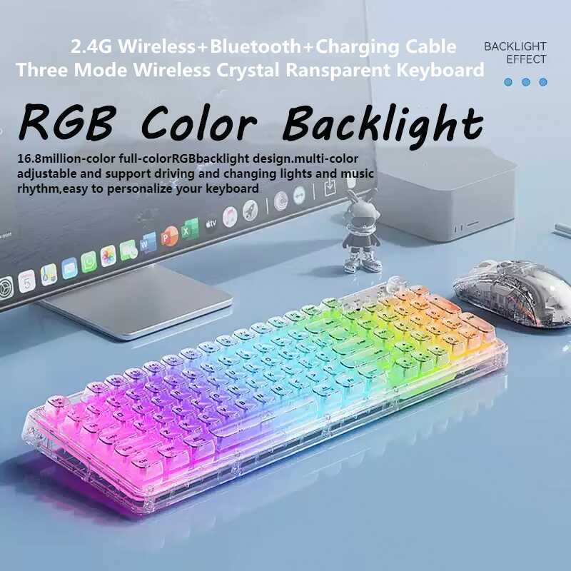 Transparent RGB Full-Color Backlight Bluetooth Wireless Keyboard 3-Mode ...