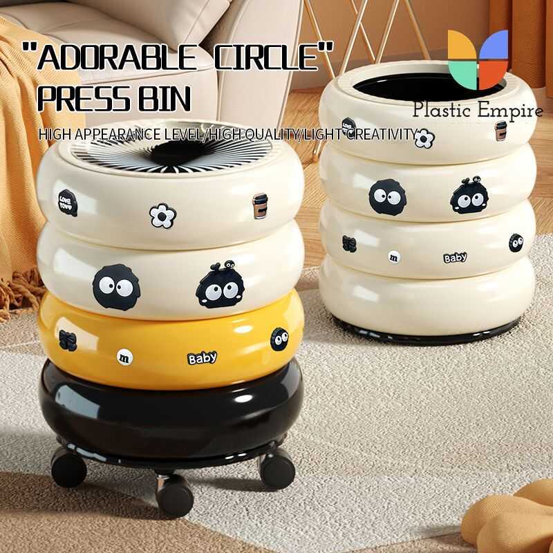 Adorable Press Trash Bin With Wheels Cute Cartoon Garbage Bin Push-To ...