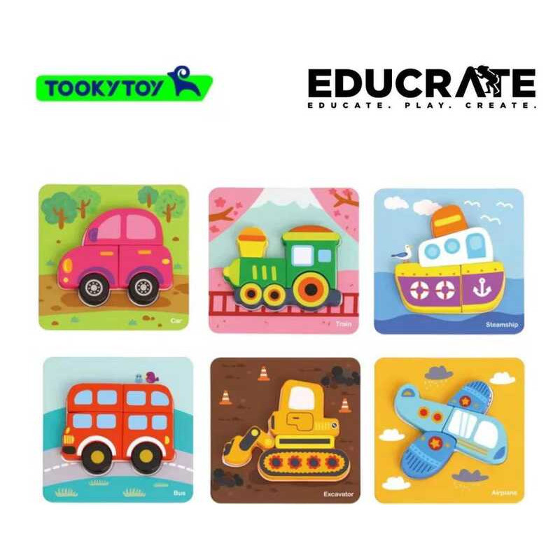 Tooky 6-In-1 Chunky Wooden Vehicle Puzzle Set – Car, Train, Bus ...