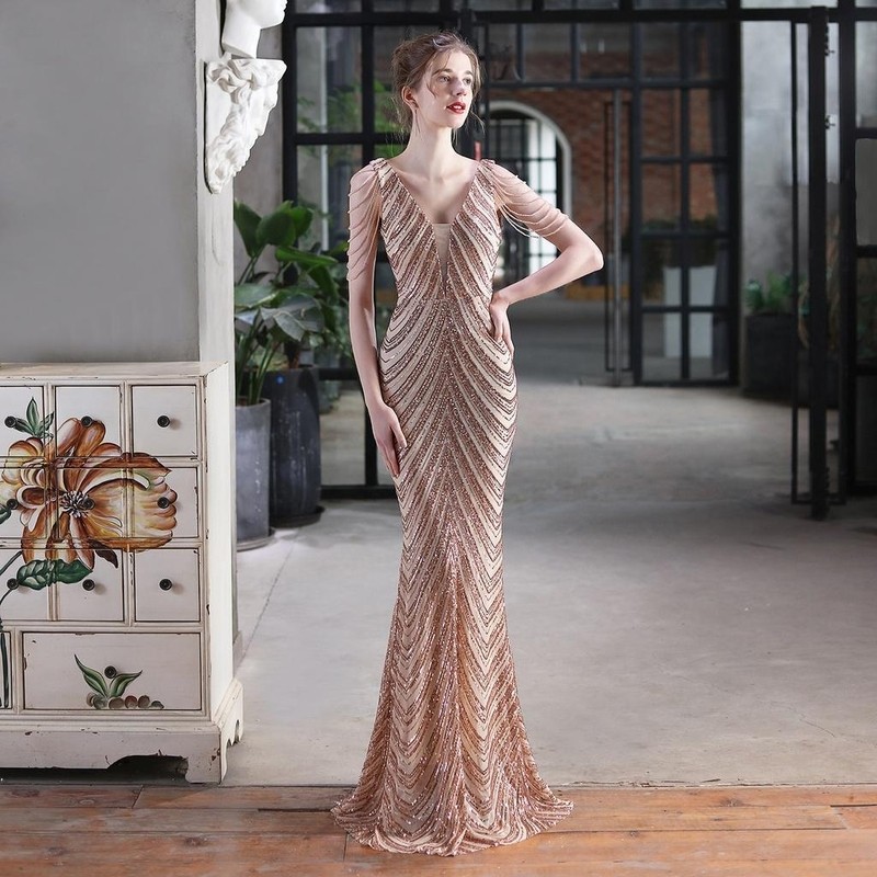 Stock]Evening [In women banquet Sequin fishtail prom party long gown ...
