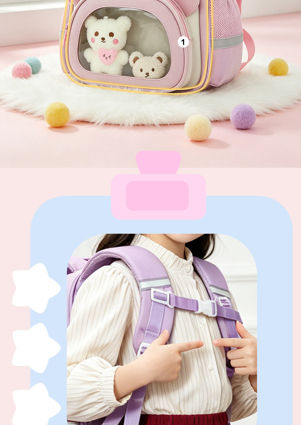 Unikids Korean Backpack For Kids Cute Bear Ear Bag DIY Transparent ...