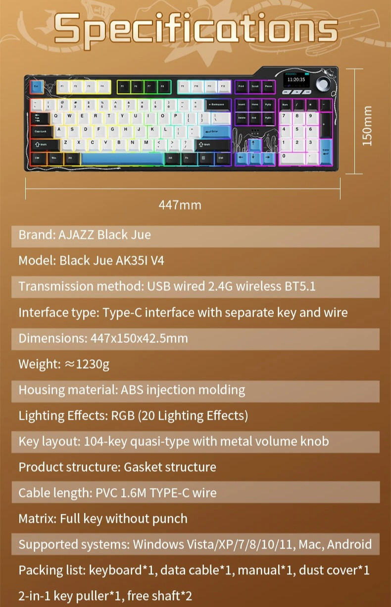 AJAZZ AK35I V4 Wireless Tri-mode Mechanical Keyboard with Screen Western Cowboy Bluetooth Wired ...