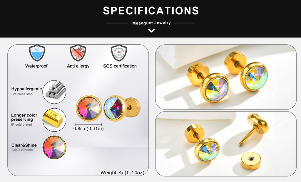 Green colored zircon earrings black/gold silver stainless steel ...