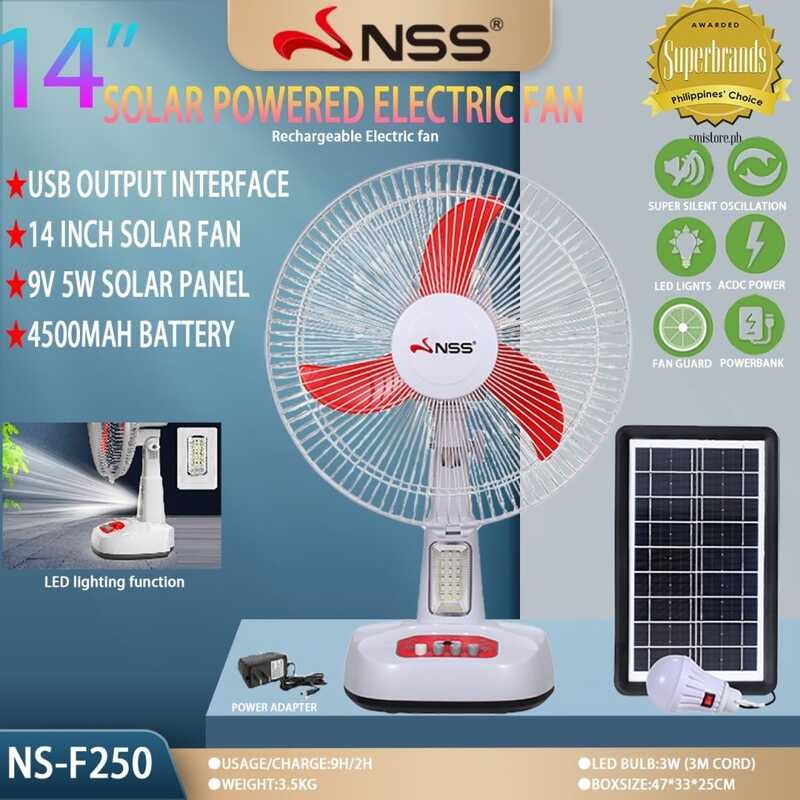 3 NSS Solar Fan 14 Inch Rechargeable Electric With LED Light And Panel ...