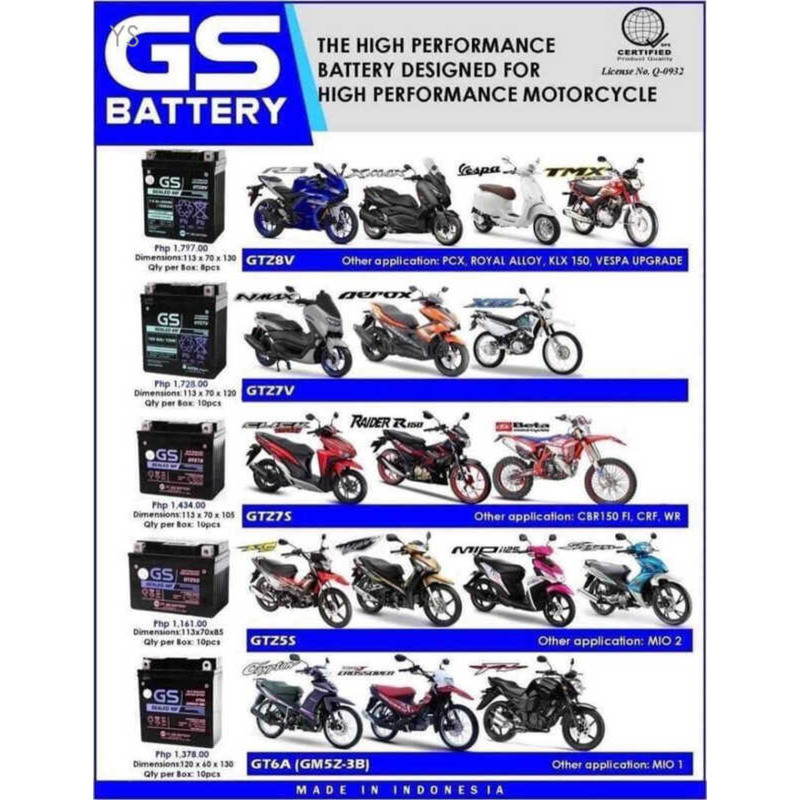 Legit GS Battery Yuasa NMAX AEROX PCX ADV CLI MIO Raider Vespa ...