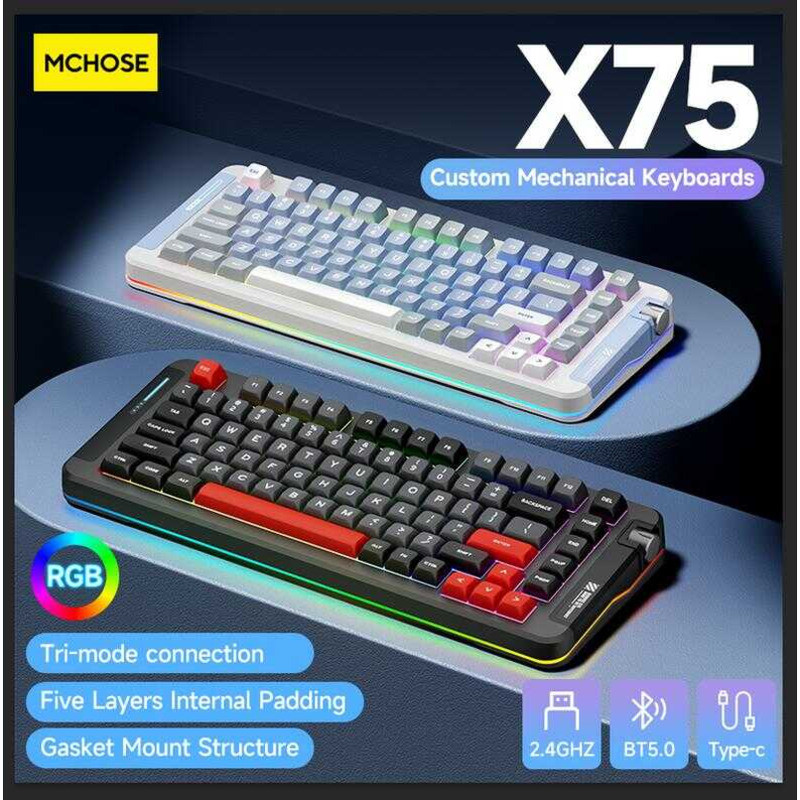 MCHOSE X75 Mechanical Keyboard 75 Percent Layout Bluetooth Wireless Hot ...