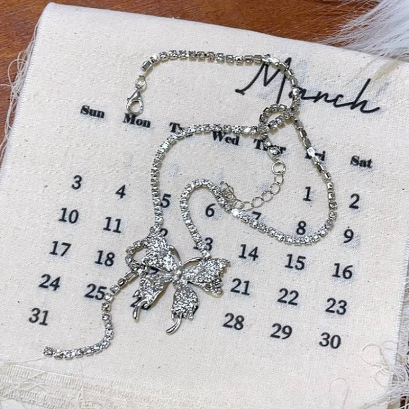 Silver Flash Diamond Butterfly Tassel Necklace for Girls Summer Dress ...