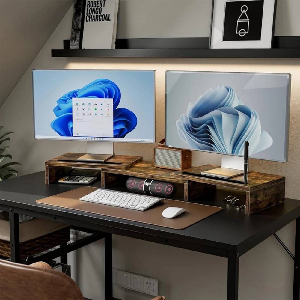 Riser Dual Desk Adjustable Length & Swivel Angle Computer Monitor Stand ...