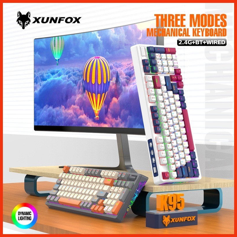 XUNFOX K95 Wired/wireless/Bluetooth 96Key hot swap mechanical keyboard ...