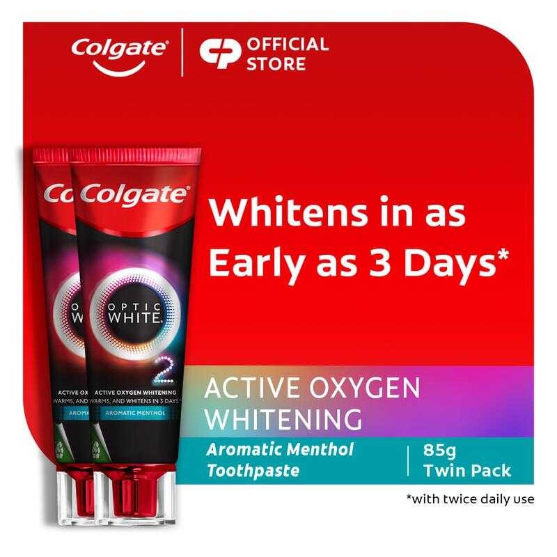 Colgate Optic White O2 Whitening Toothpaste Aromatic Menthol, Whitens In 3 Days* 85G Value Twin ...