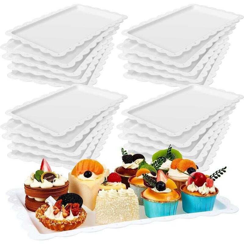 White Plastic Serving Tray With Lace Rim Rectangle Food Trays ...
