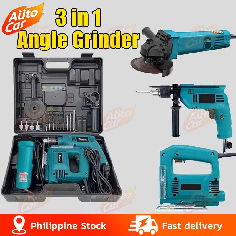 3 in 1 Angle Grinder and Impact Drill and JigSaw Set with Hardcase ...