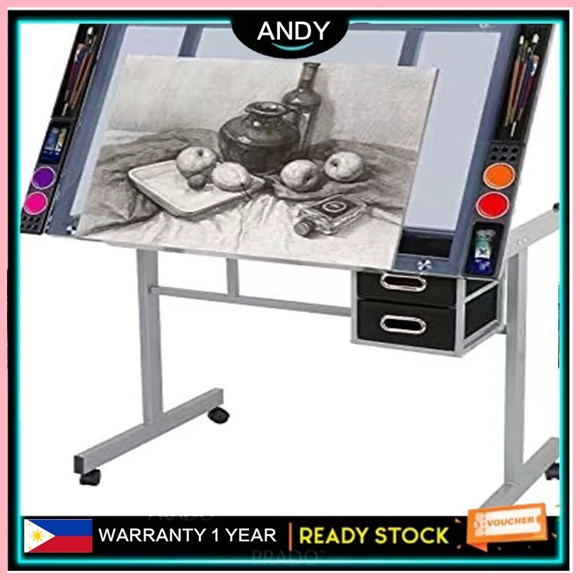 Drafting glass table drafting table with extra side table drawers and 2 ...