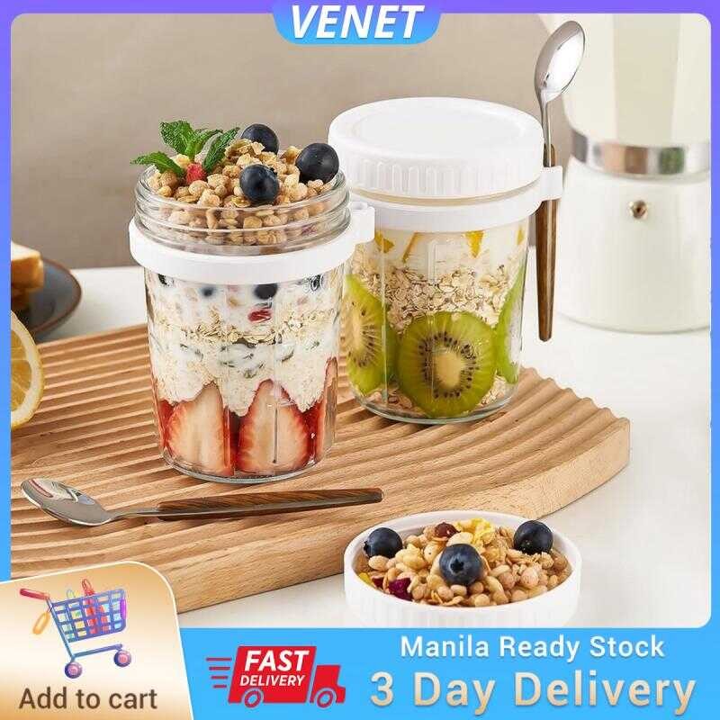 C2b 350Ml Overnight Oats Jars With Spoon And Lid Airtight Oatmeal Container Measurement Marks ...