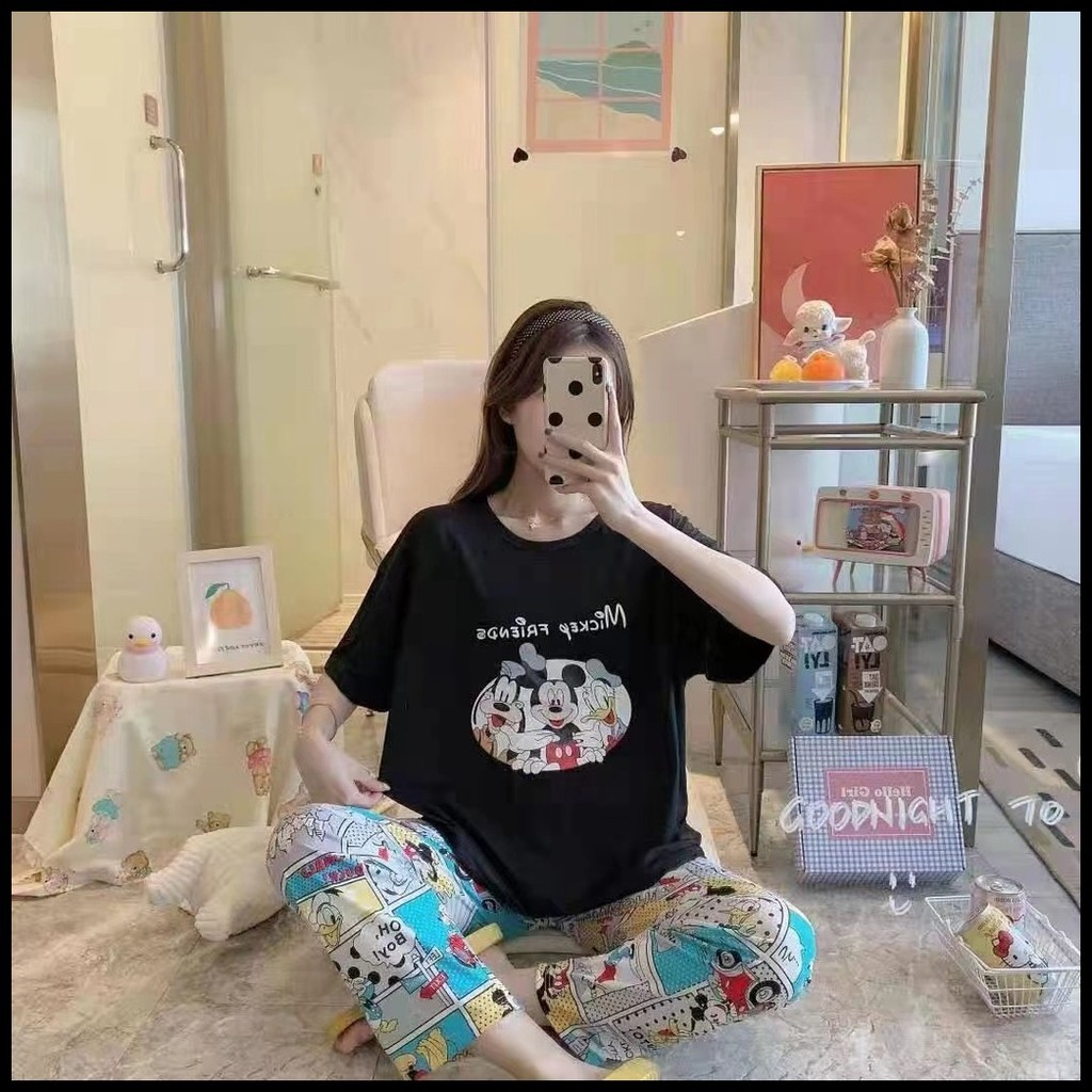 Women's Terno Cotton Cartoon Characters T-shirt Pajama Set | Shopee ...