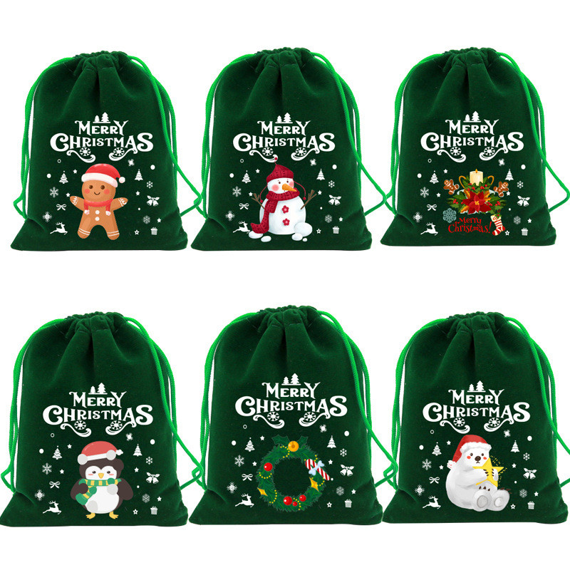 2PCS Christmas Green Velvet Bags 10x16cm 13x18cm Drawstring Pouch Candy ...