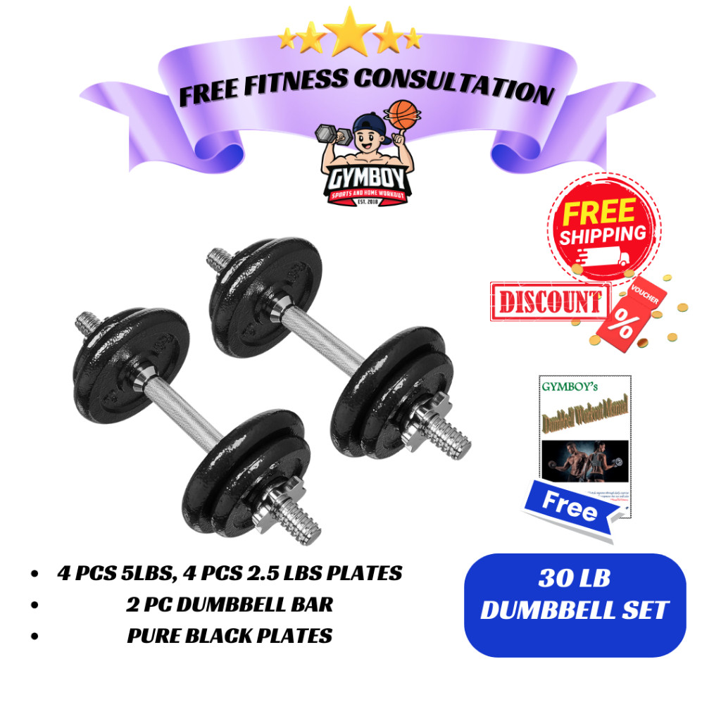 30lbs Dumbbell Set with GYMBOY FREE MANUAL ( 2pcs Dumbbell Chrome Bar ...