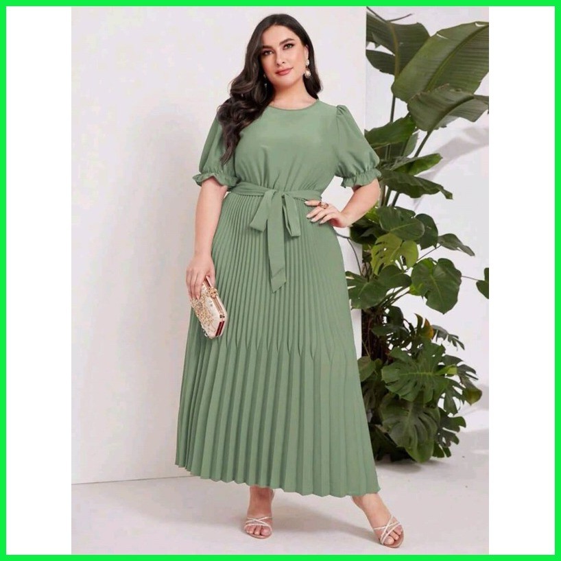Solid color puff sleeve maxi dress plus size pleated plain maxi dress ...