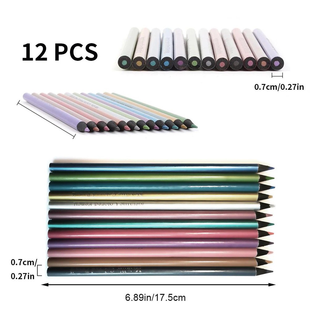 12 Metallic Colored Pencils Vibrant Shiny Colors For Drawing Sketching ...