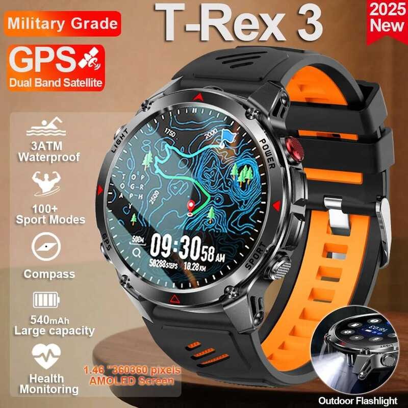 New Outdoor Military Smartwatch Men Built-In GPS LD Flashlight Bluetooth Call Compass 540Mah ...