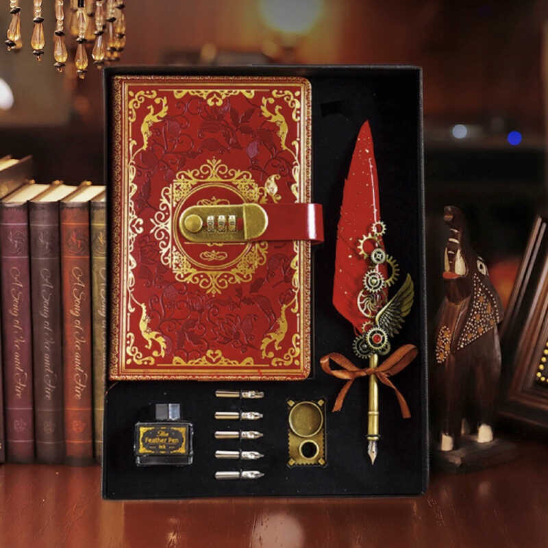 Combination Lock Notepad Set Punk Mechanical Dipped Water Feather Pen ...