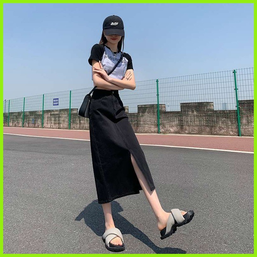 919 Jeasn Mataas na baywang Slit Denim Skirt Babae 2023 Bagong Summer A ...