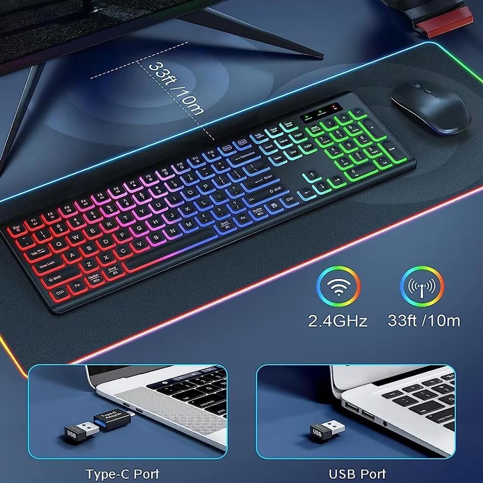 JOMAA Rechargeable Wireless Keyboard Mouse Combo 2.4Ghz RGB Backlit ...
