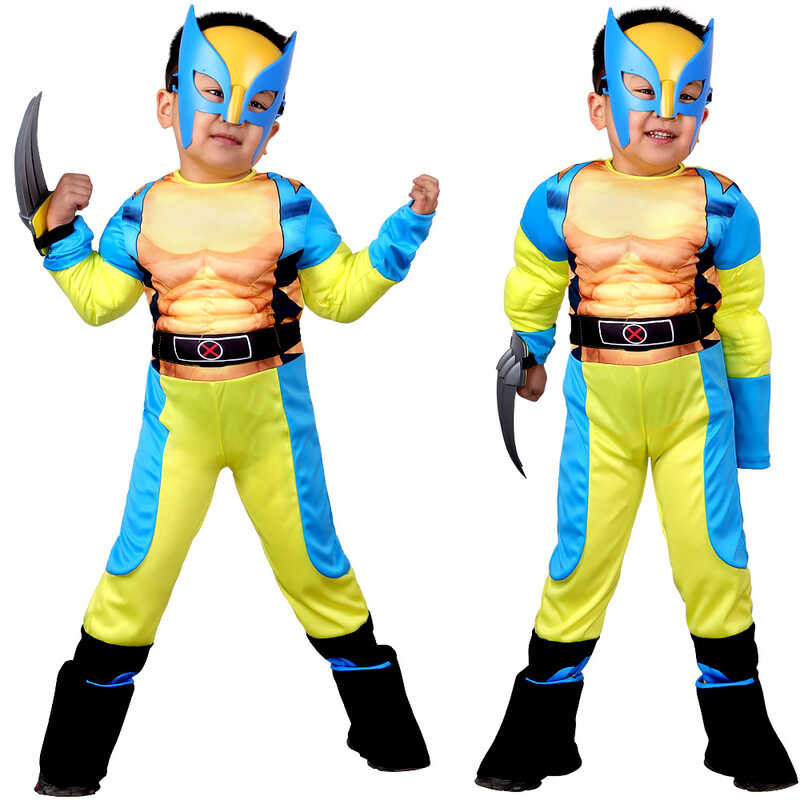 Halloween Wolverine Costume Cosplay Muscle Jumpsuit for Children Boys ...
