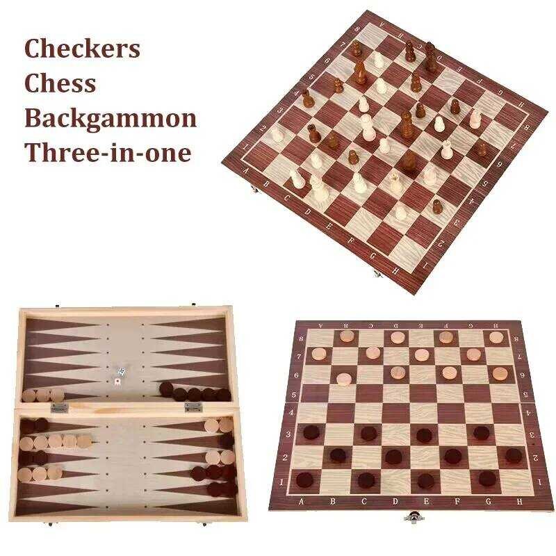 W 3 In 1 Wooden Backgammon Checkers Set Board Game Travel Chess Games ...