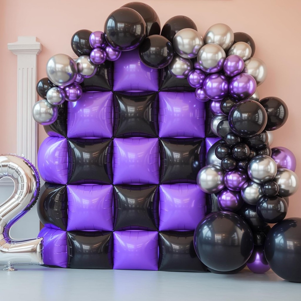 25pcs Black Purple Square Foil Balloon Backdrop Double Sided Helium ...