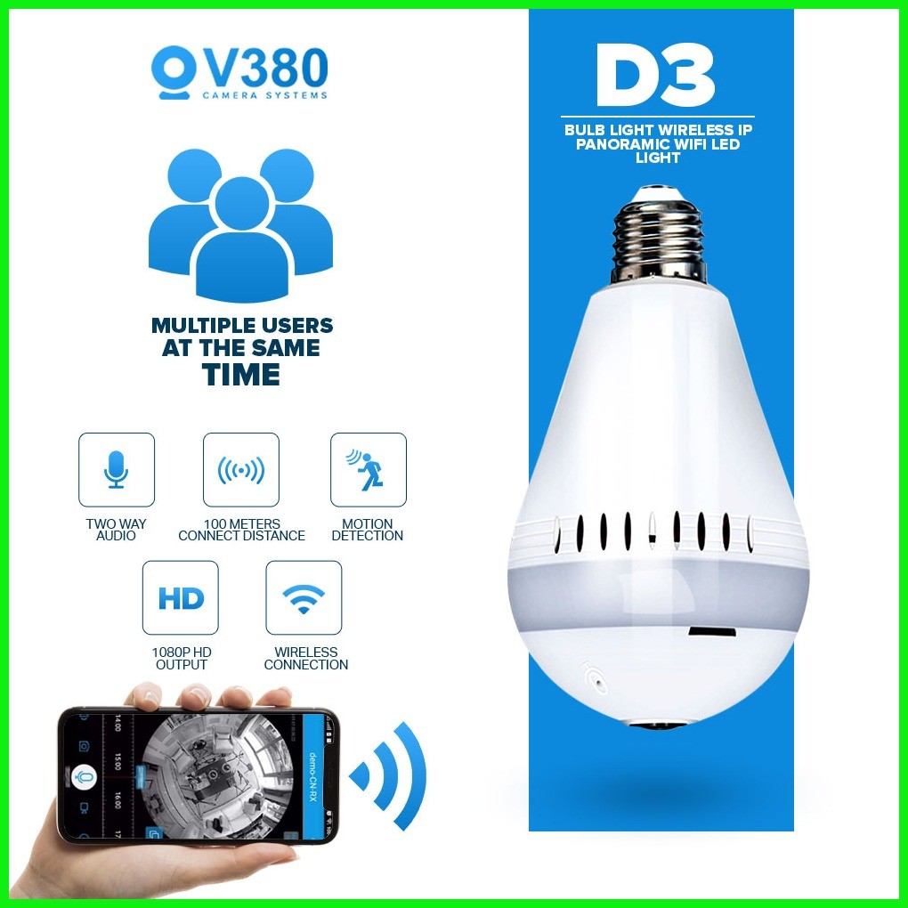 V380 D3 CCTV Camera 3MP HD 360 Degree Fish Eye Spy Night Vision Bulb ...