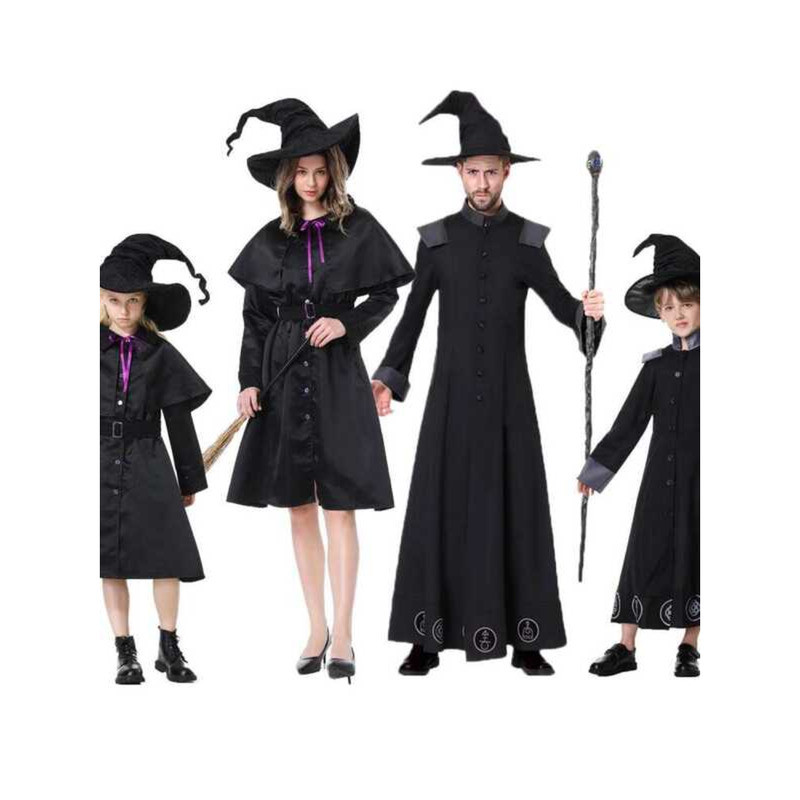 Halloween Magician Wizard Costume Black Horror Male Female Witch ...