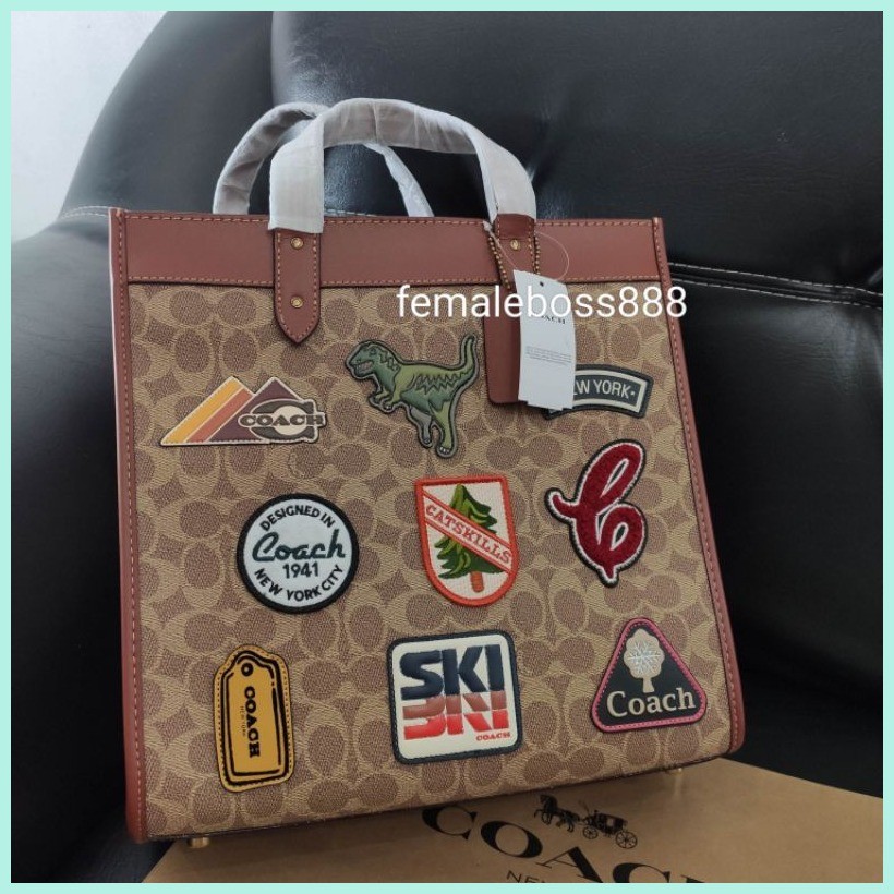 C6846 COACH FIELD TOTE IN SIGNATURE CANVAS WITH PATCHES | Shopee ...