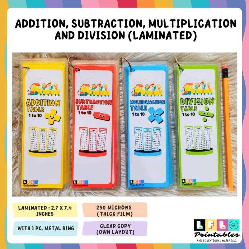 MATH TABLES LAMINATED FLASHCARDS ADDITION SUBSTRACTION MULTIPLICATION I ...
