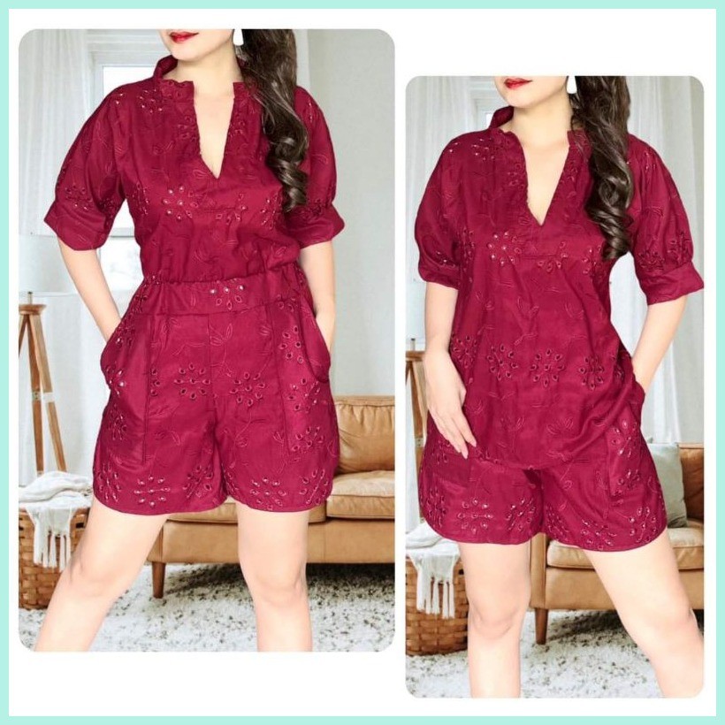 Eeshope |Chinese Collar Eyelet Terno Short S-L | Shopee Philippines