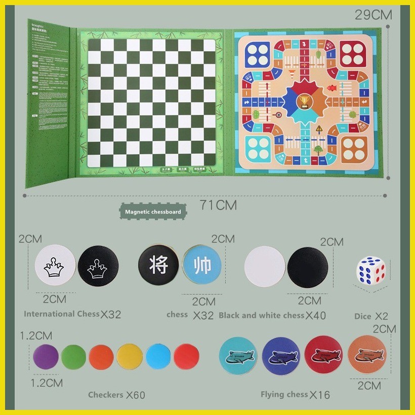 7 In 1 Chessmen Checkers Magnetic Board Game Flying Chess Kids Classic ...