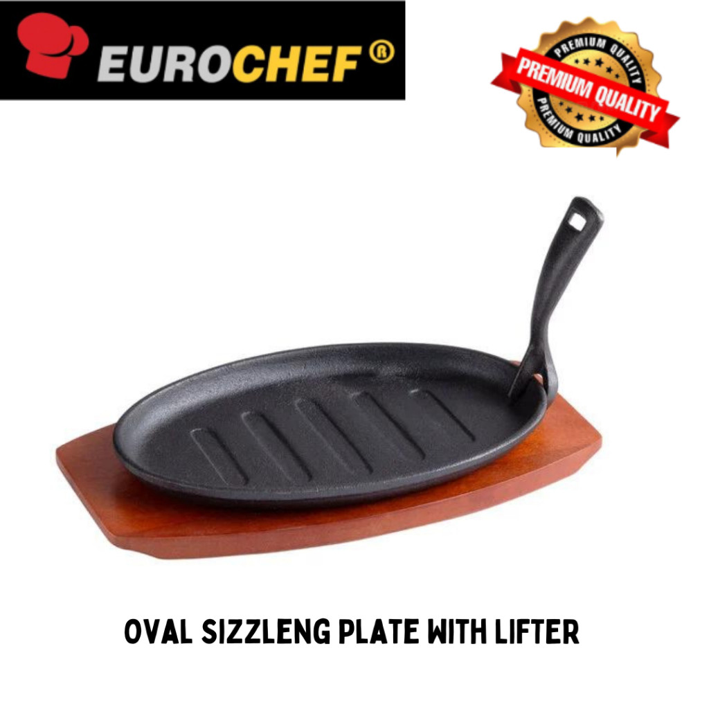 Eurochef 10" cast iron oval sizzling plate with wooden plate and lifter ...
