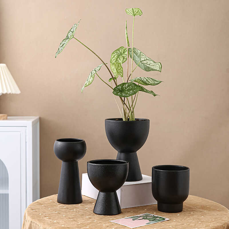 Black Ceramic Pot Micro Landscape Succulent Tall Trophy Shape ...
