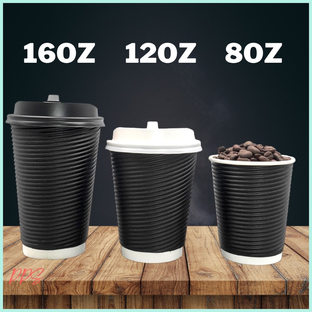 Black Horizontal Paper Cup Rippled Wall Hot Coffee Cups with Flip Lid ...