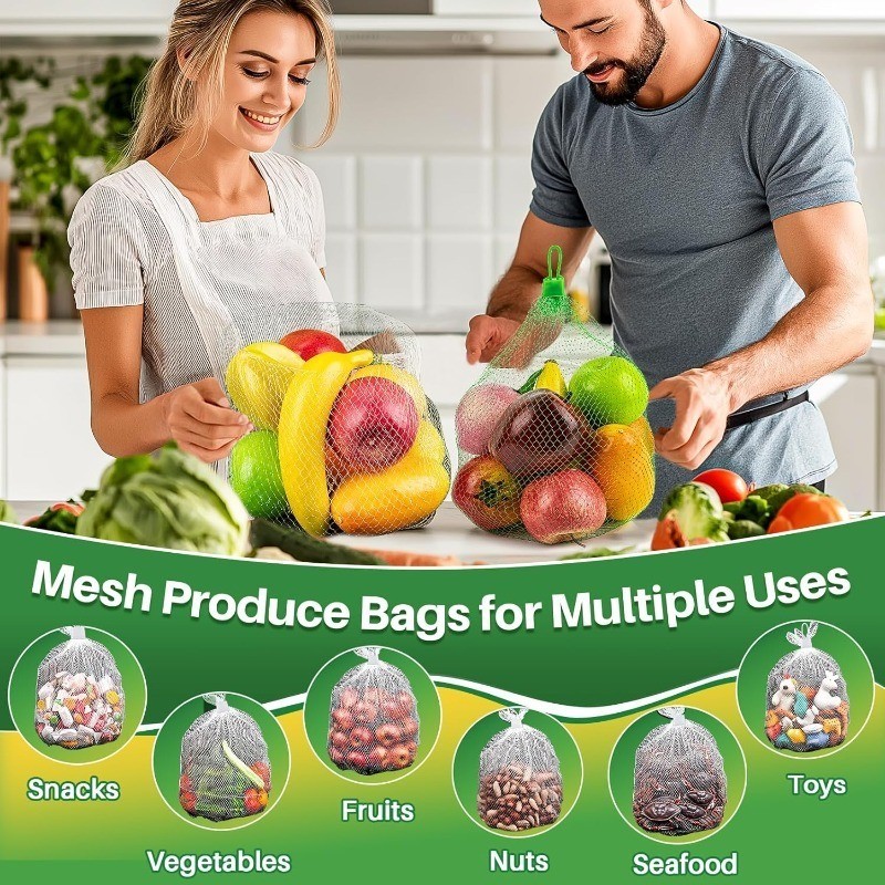 100pcs Reusable Mesh Nylon Netting Bags with Loop Style Closures Fruit ...