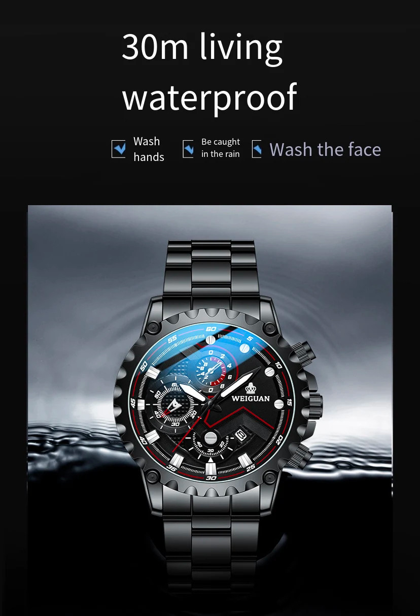 Men's Watch Black Warrior Automatic Quartz Movement Waterproof Luminous ...