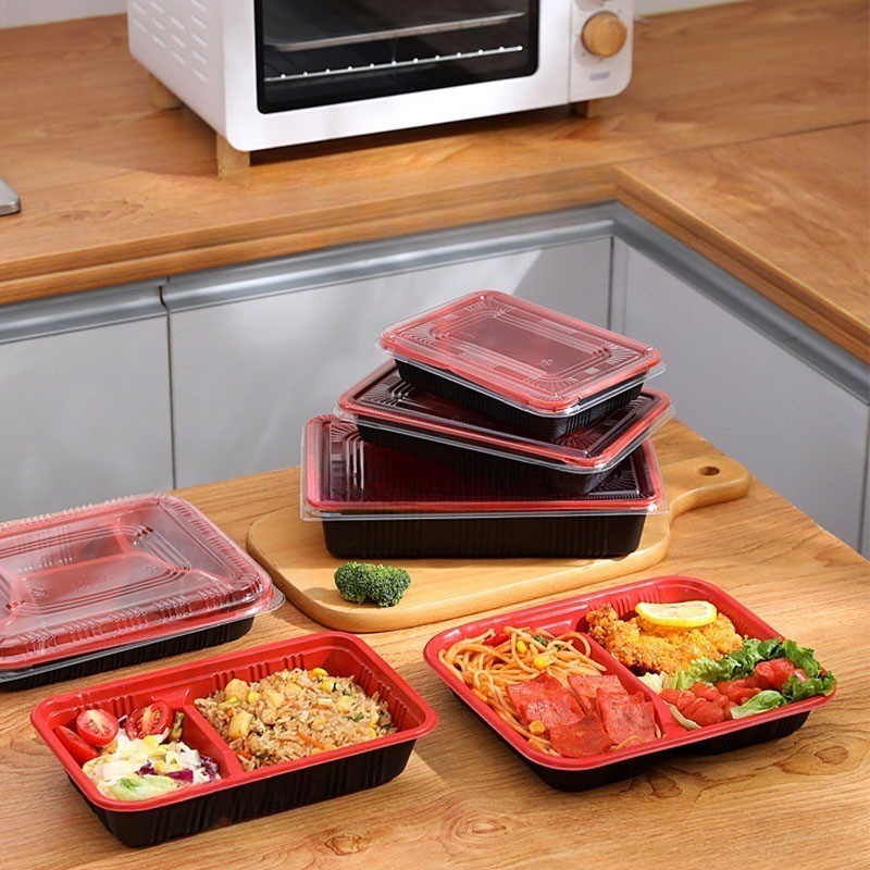 Red Black Bento Box With Lid 2 3 Grid Compartment Disposable Takeaway ...