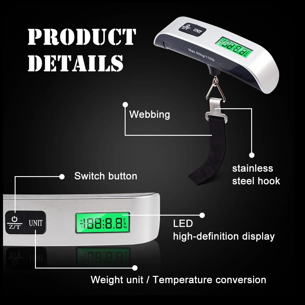 50kg/110lb Portable Digital Luggage Weight Scale LCD Display Pocket ...