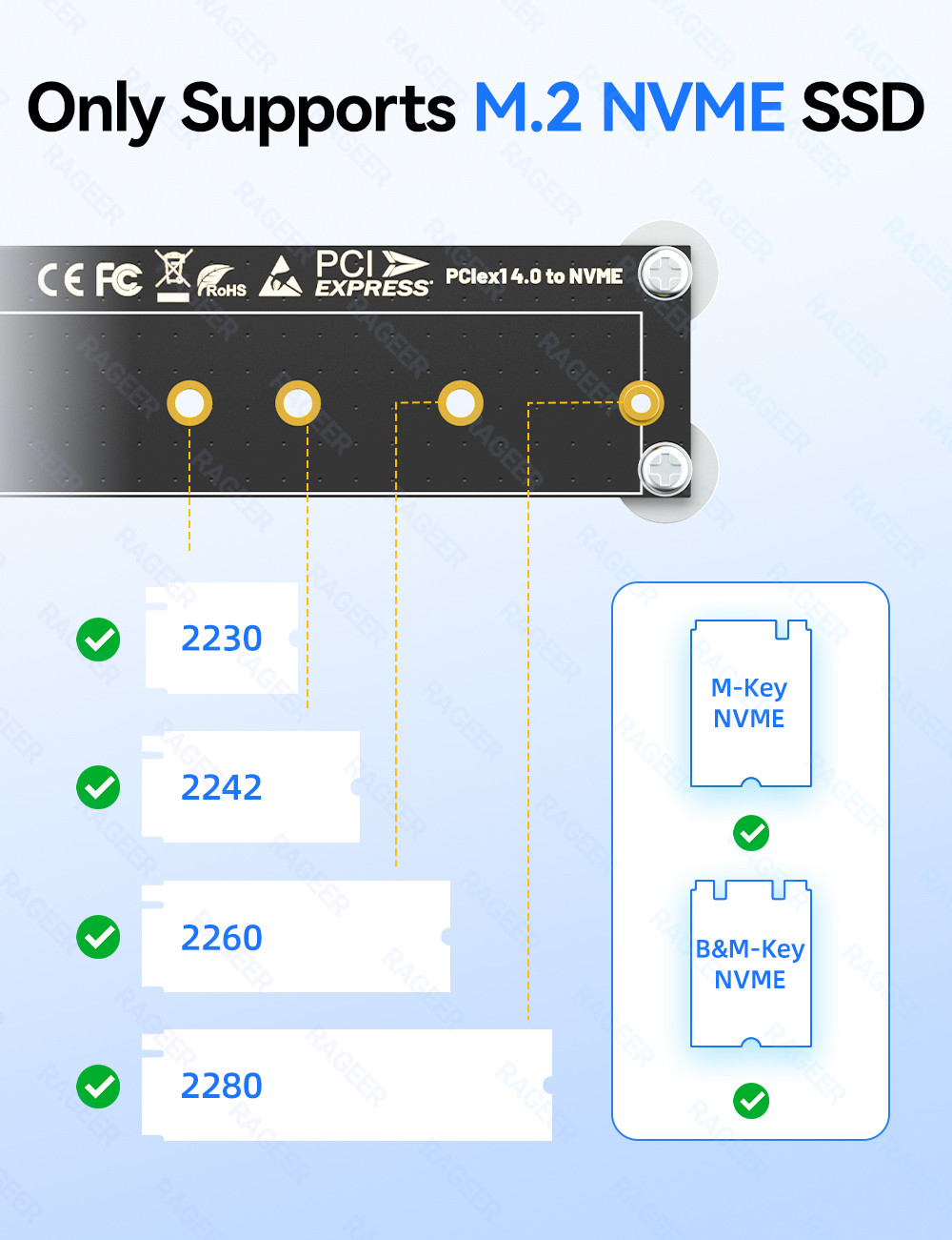 RAGEER PCI-E 3.0/4.0 X1 to M.2 NVMe SSD Riser Card Adapter 10CM ...
