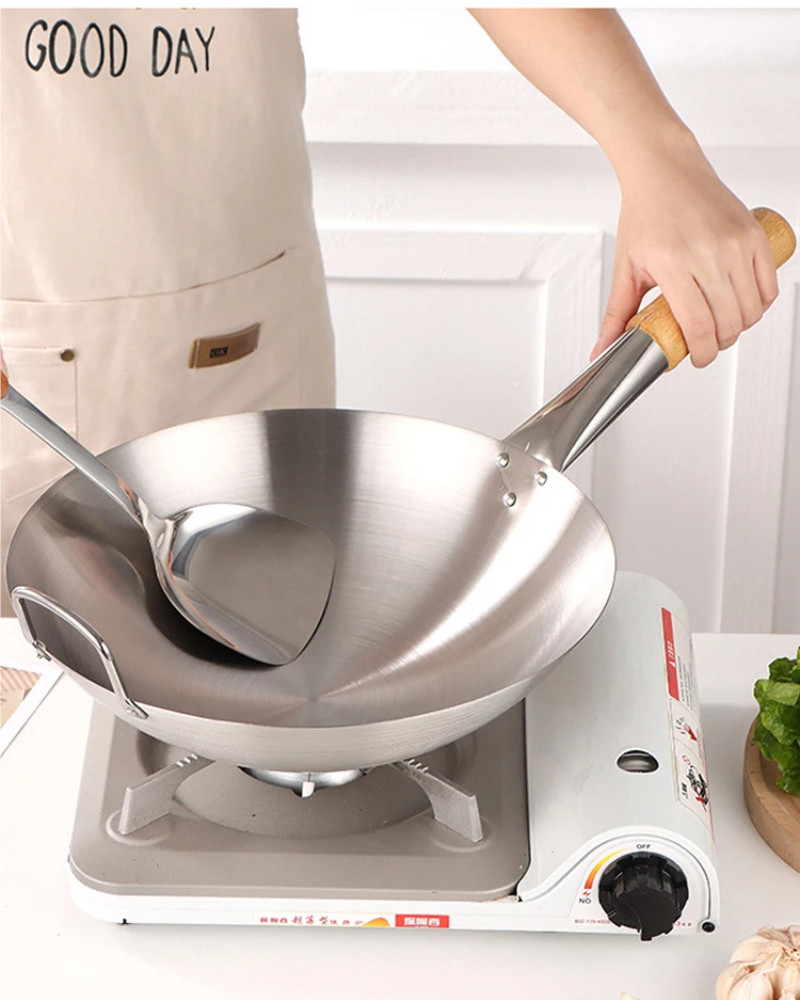 Durable Stainless Stee Wok - Brushed Polish,Beech Wood Handle,Gas Stove ...