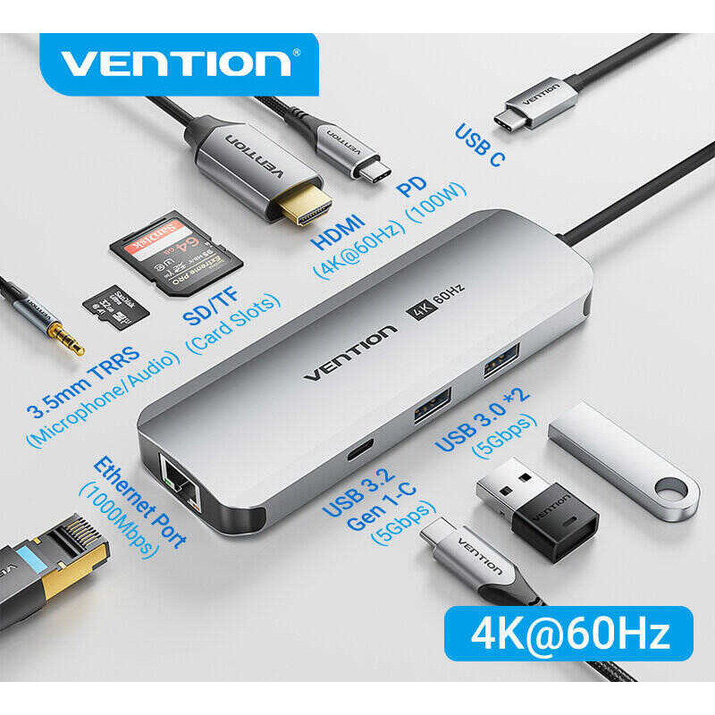 Vention USB C HUB With 4K 60Hz HDMI 3.2 Gen 1 1000Mbps Rj45 VGA SD TF ...