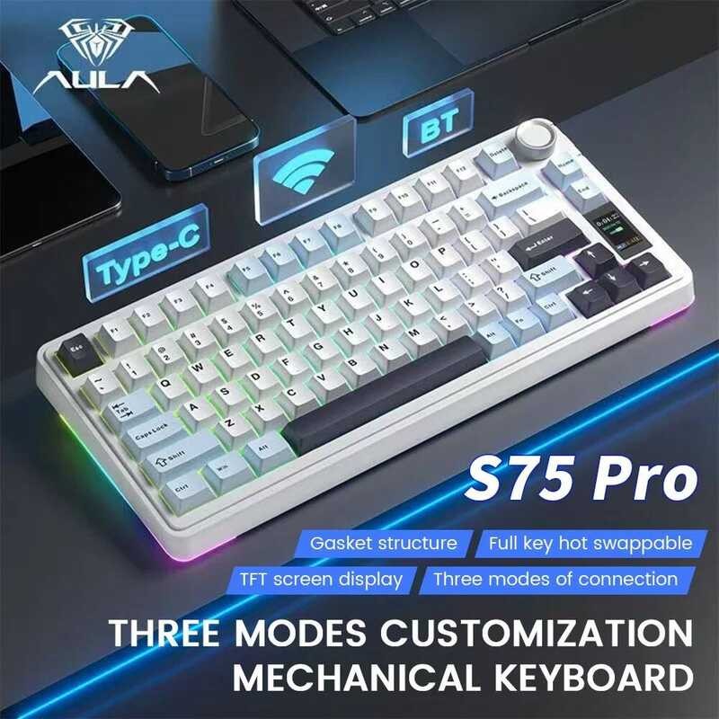 AULA 2 8 S75 Pro Gaming Mechanical Keyboard 75% PBT Keycaps Hot Swappable RGB Backlit 4000Mah 75 ...