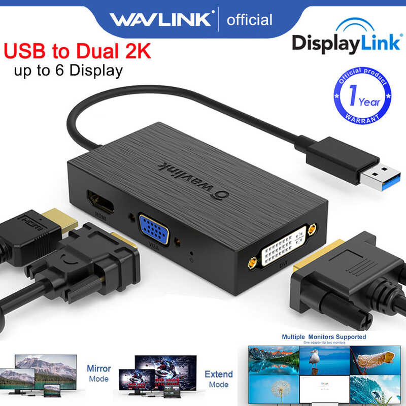 Wavlink Usb3.0 Dual 2K Display Hub, Universal Displaylink HDMI VGA DVI ...