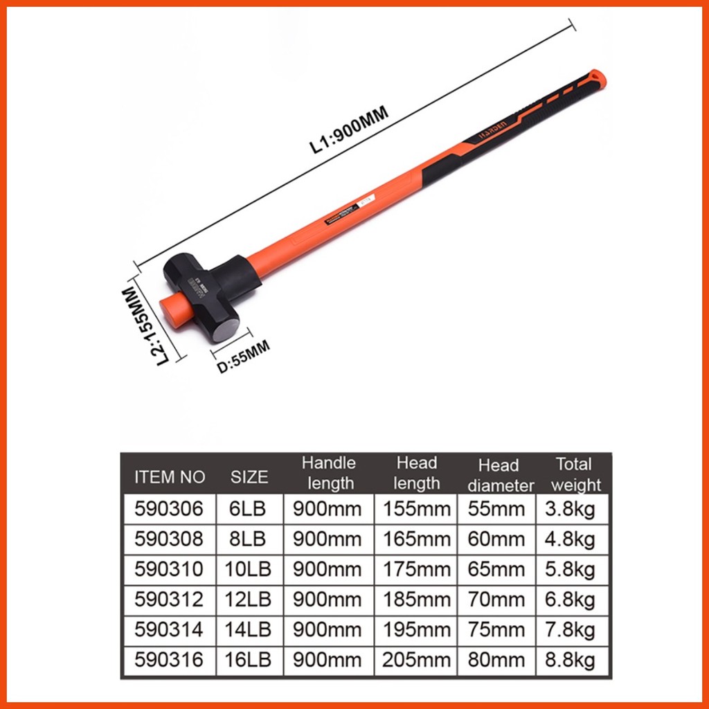 Harden 6lb - 16lb Sledge Hammer Fiberglass Handle Forged fine grain ...